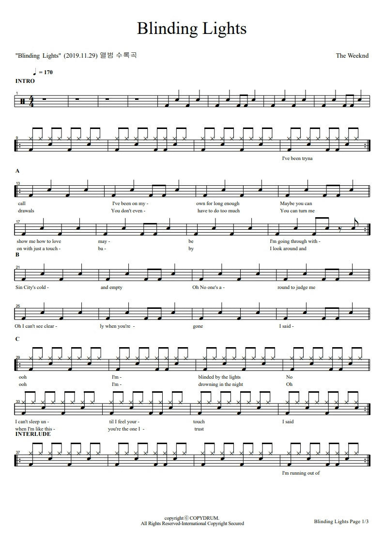 Blinding Lights - The Weeknd - Drum Sheet Music - COPYDRUM ...