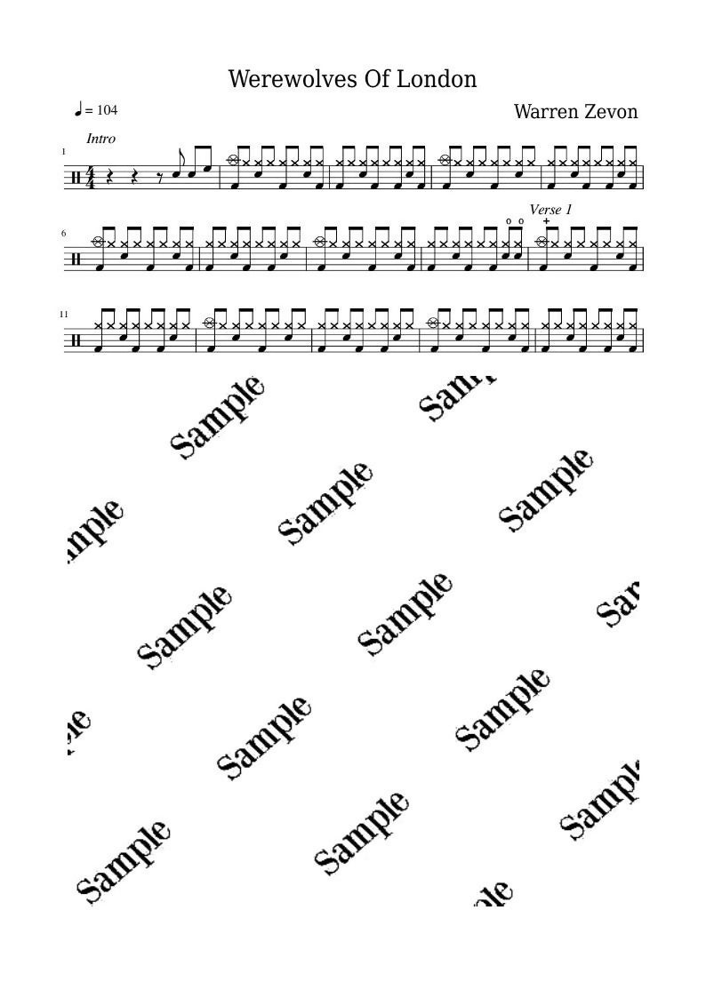 Werewolves of London - Warren Zevon - Drum Sheet Music - KiwiDrums ...