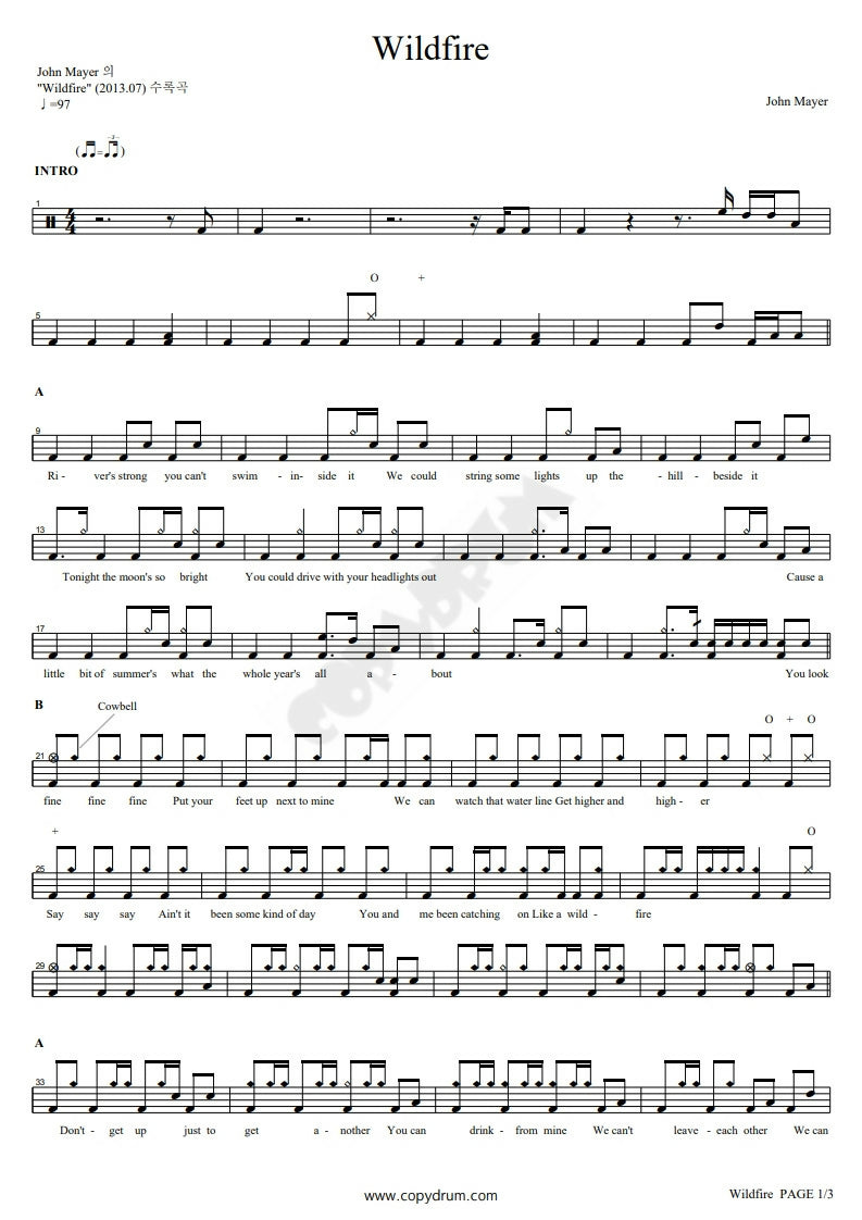 Wildfire - John Mayer - Drum Sheet Music - COPYDRUM – DrumSetSheetMusic