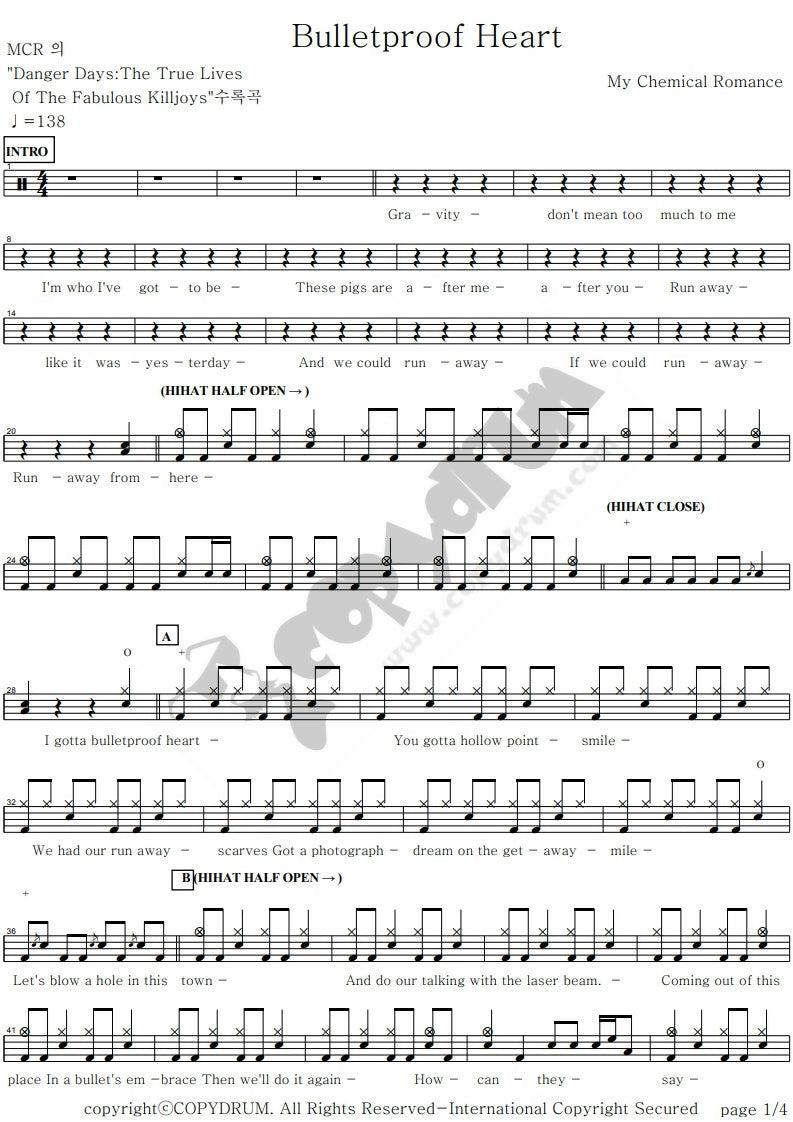 Bulletproof Heart - My Chemical Romance - Drum Sheet Music - COPYDRUM ...