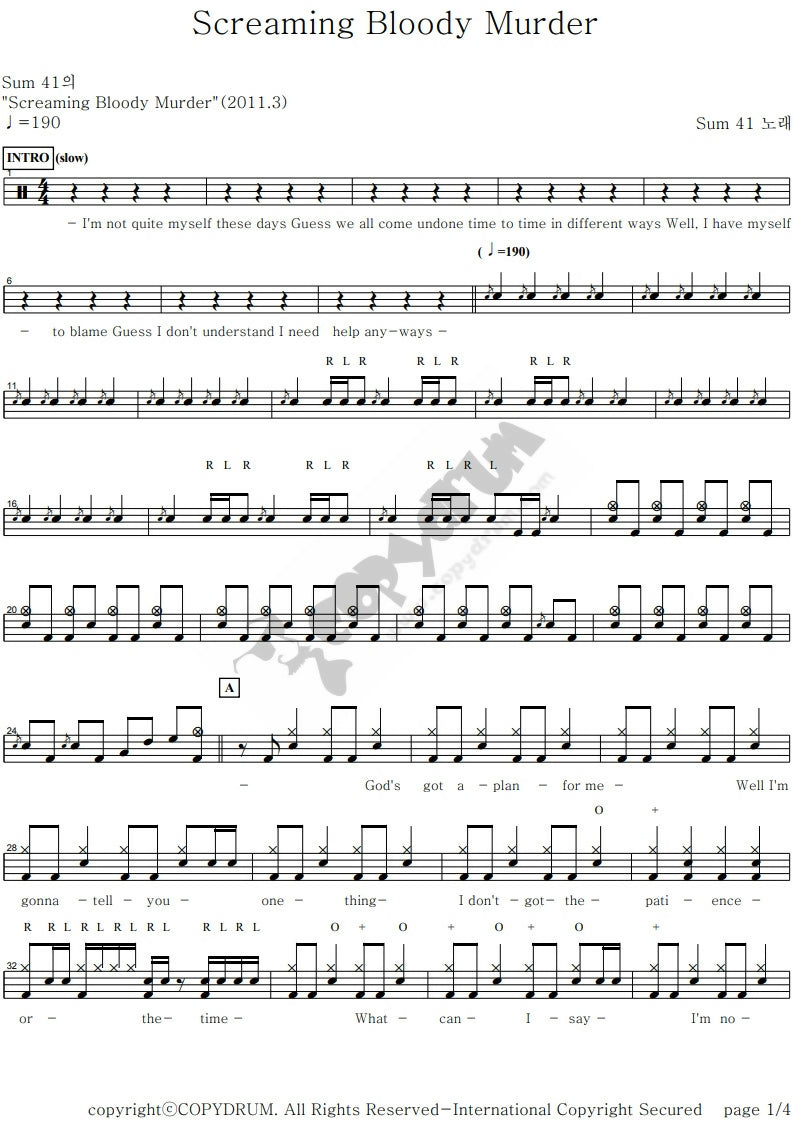 Screaming Bloody Murder - Sum 41 - Drum Sheet Music - COPYDRUM ...