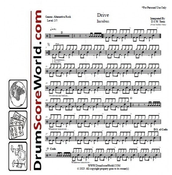 Drive - Incubus - Drum Sheet Music - DrumScoreWorld.com – DrumSetSheetMusic