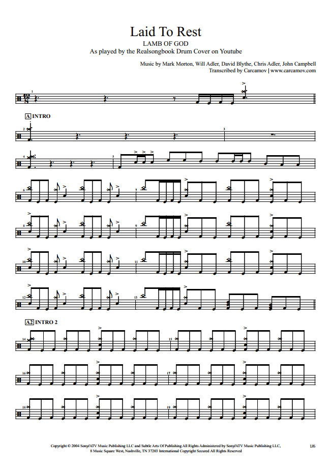 Laid to Rest - Lamb of God - Drum Sheet Music - Realsongbook ...