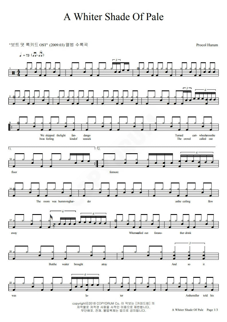 A Whiter Shade of Pale - Procol Harum - Drum Sheet Music - COPYDRUM ...