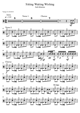 Sitting, Waiting, Wishing - Jack Johnson - Drum Sheet Music ...