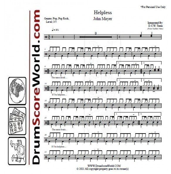 Helpless - John Mayer - Drum Sheet Music - DrumScoreWorld.com ...