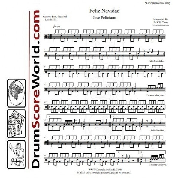 Feliz Navidad - Jose Feliciano - Drum Sheet Music - DrumScoreWorld.com ...
