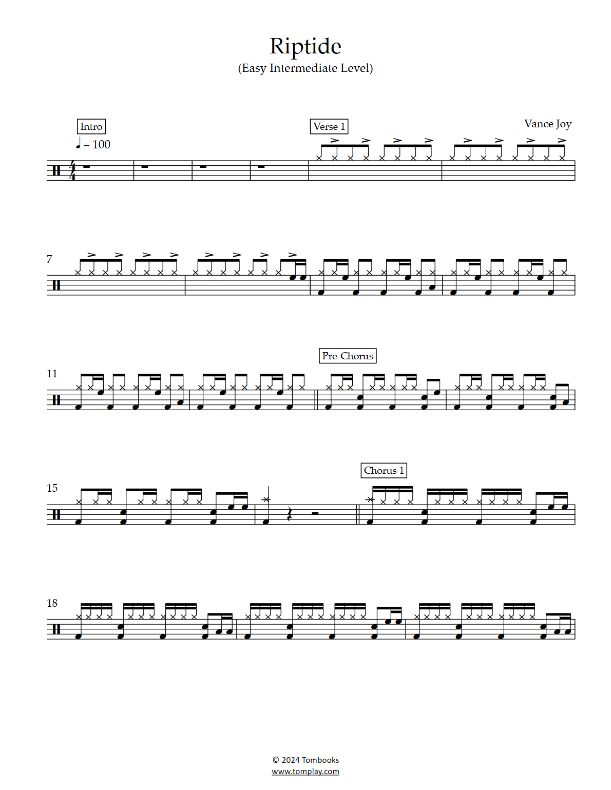 Riptide - Vance Joy - Drum Sheet Music - TomPlay.com (Easy to ...
