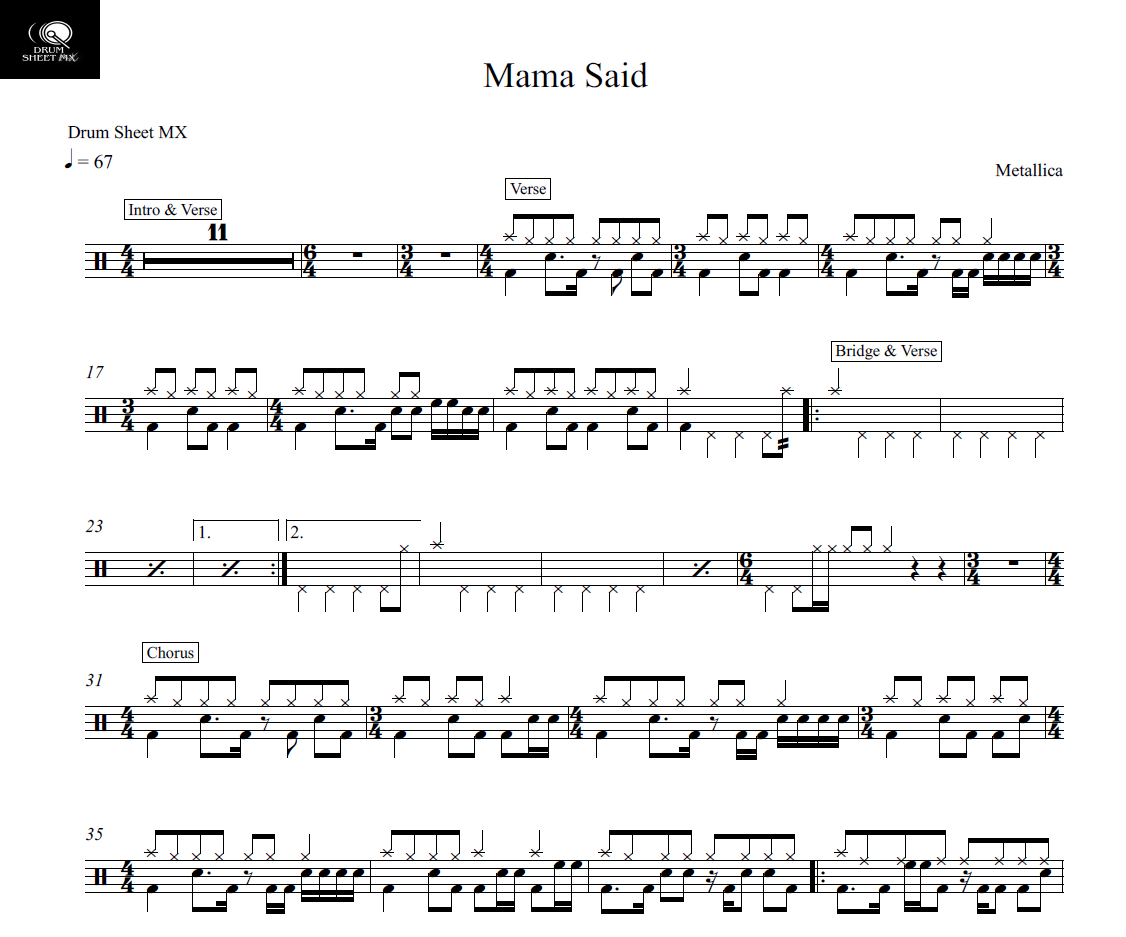 Mama Said - Metallica - Drum Sheet Music - Drum Sheet MX ...