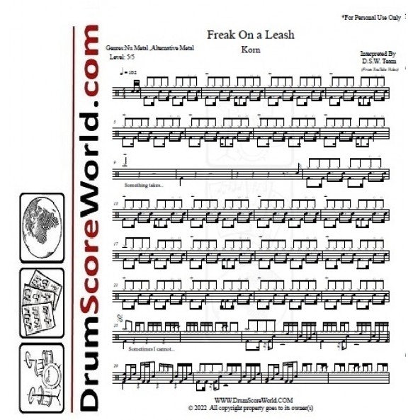 Freak on a Leash - Korn - Drum Sheet Music - DrumScoreWorld.com – DrumSetSheetMusic