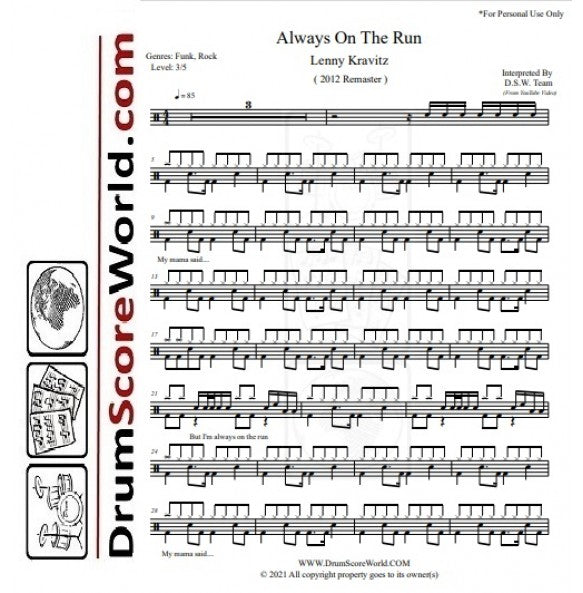 Always on the Run - Lenny Kravitz - Drum Sheet Music - DrumScoreWorld.com – DrumSetSheetMusic