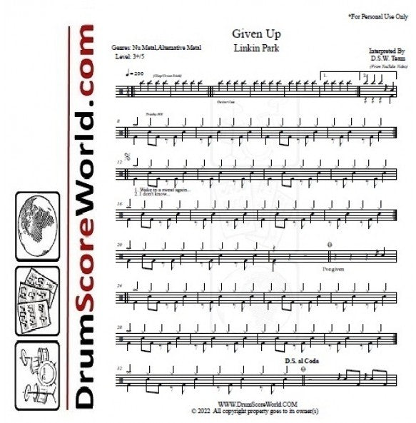Given Up - Linkin Park - Drum Sheet Music - DrumScoreWorld.com ...