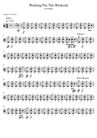 Working for the Weekend - Loverboy - Drum Sheet Music - AriaMus.com ...