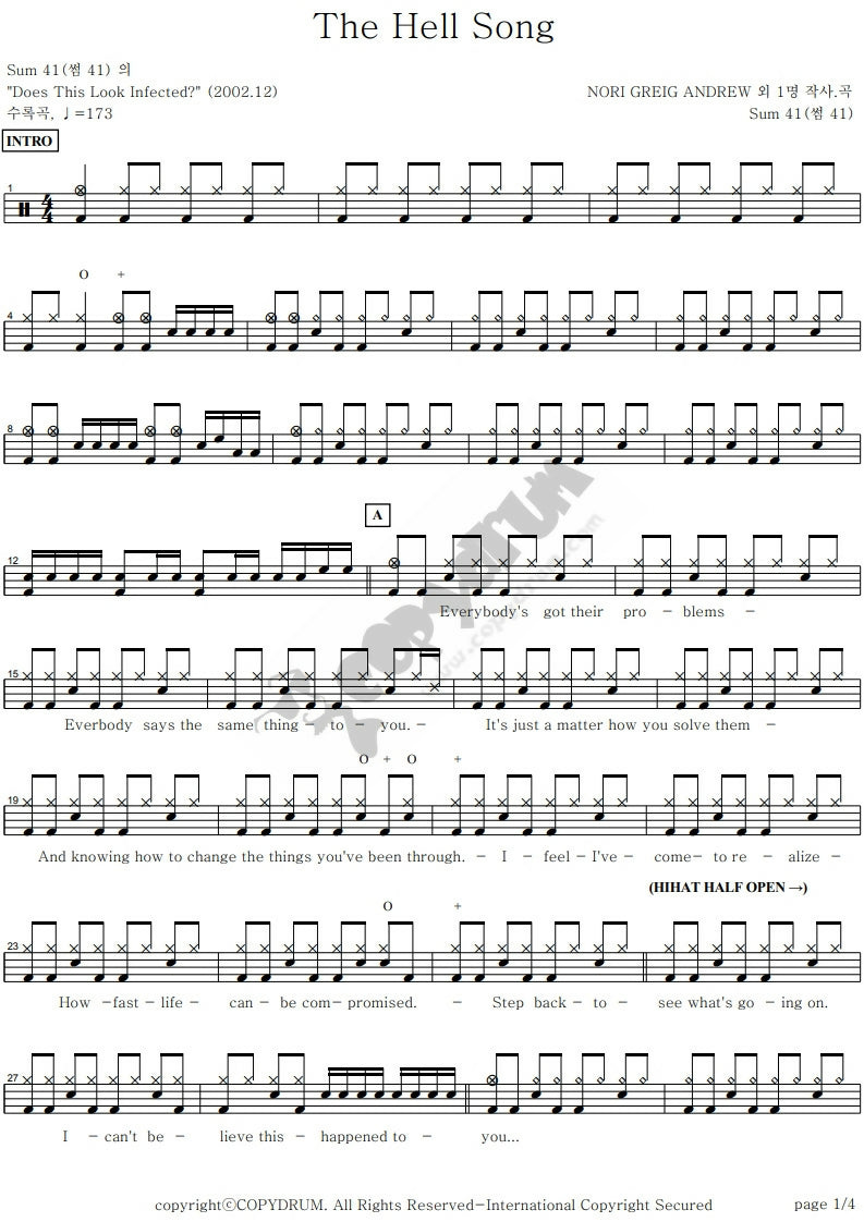The Hell Song - Sum 41 - Drum Sheet Music - COPYDRUM – DrumSetSheetMusic