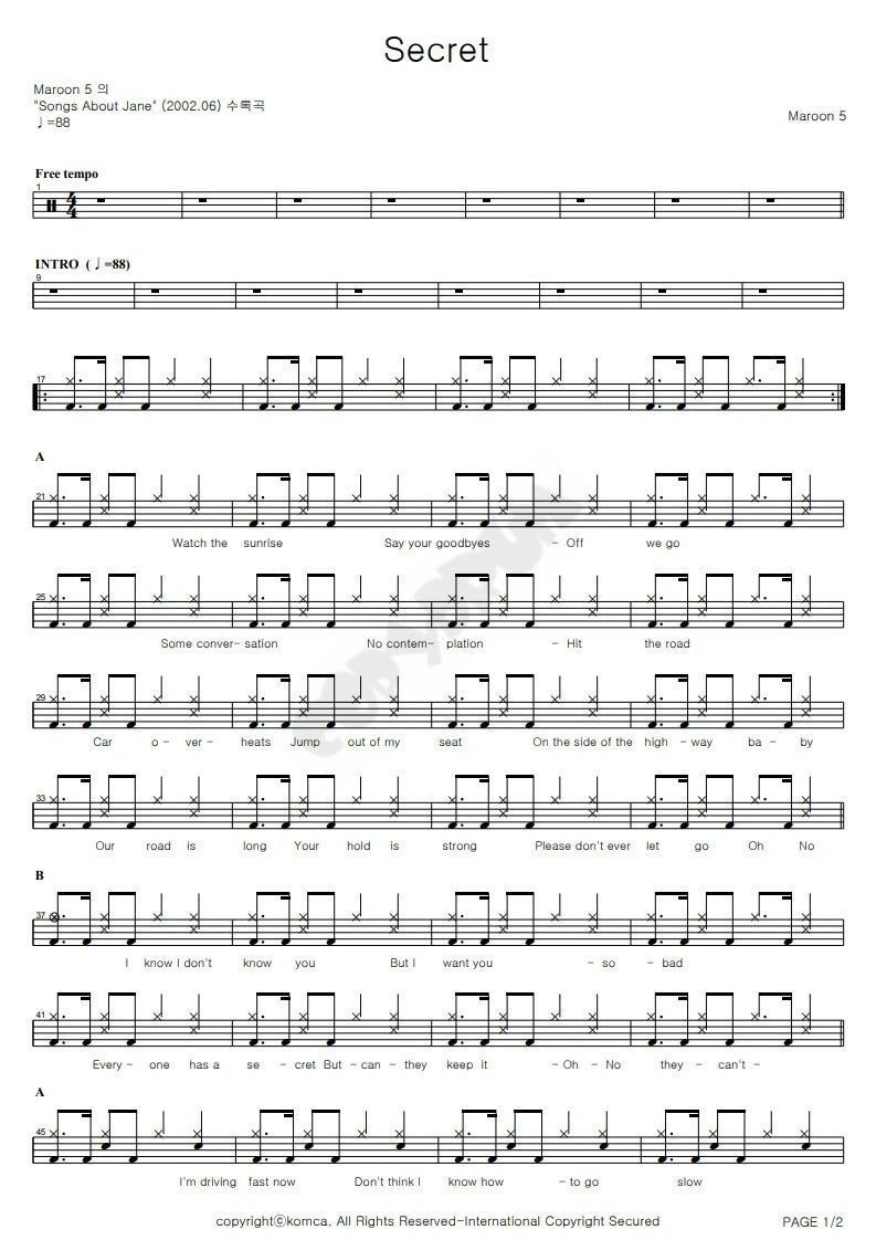 Secret - Maroon 5 - Drum Sheet Music - COPYDRUM – DrumSetSheetMusic