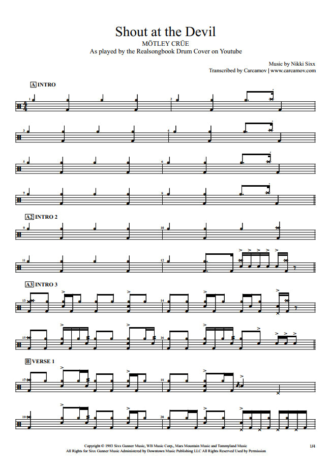 Shout at the Devil - Mötley Crüe - Drum Sheet Music - Realsongbook ...