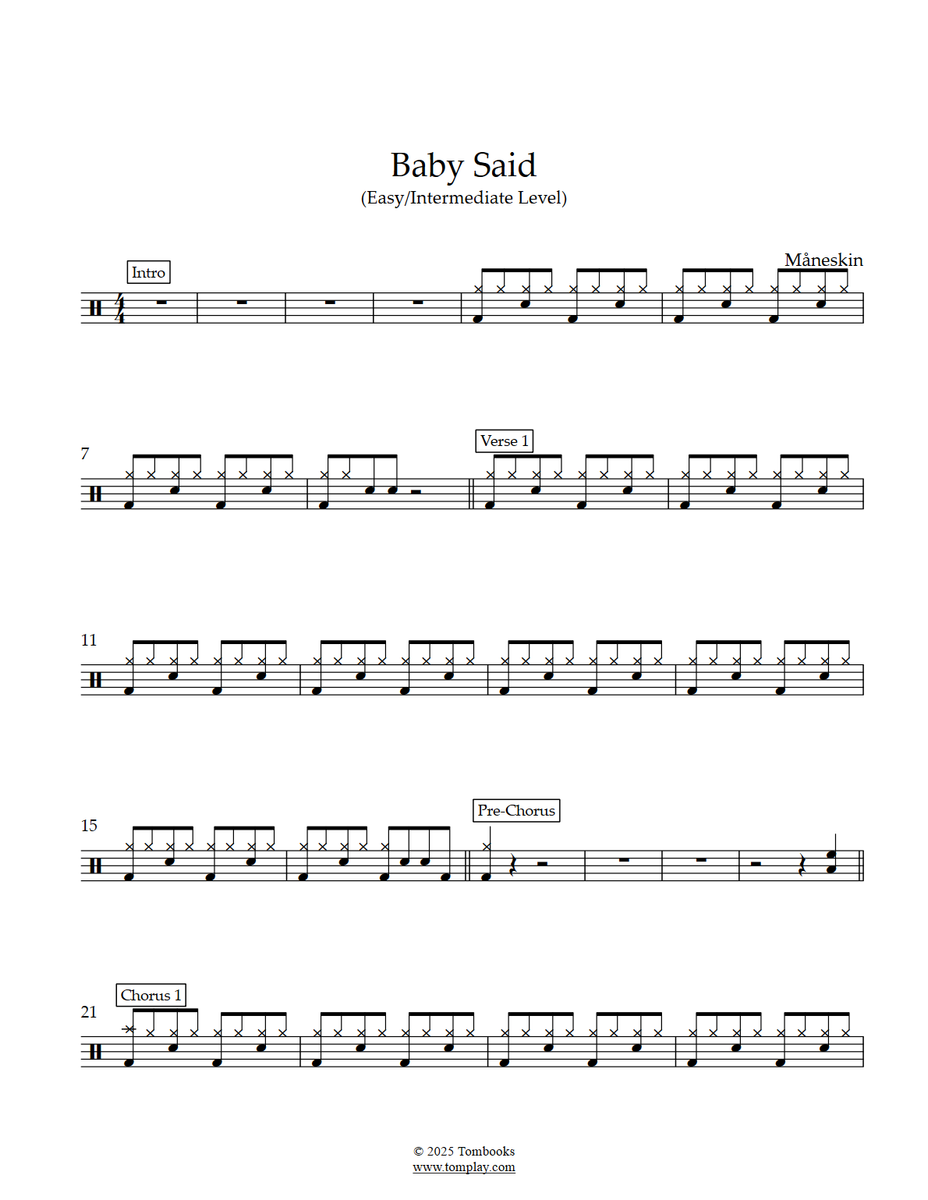Baby Said - Måneskin - Drum Sheet Music - TomPlay.com (Easy to ...