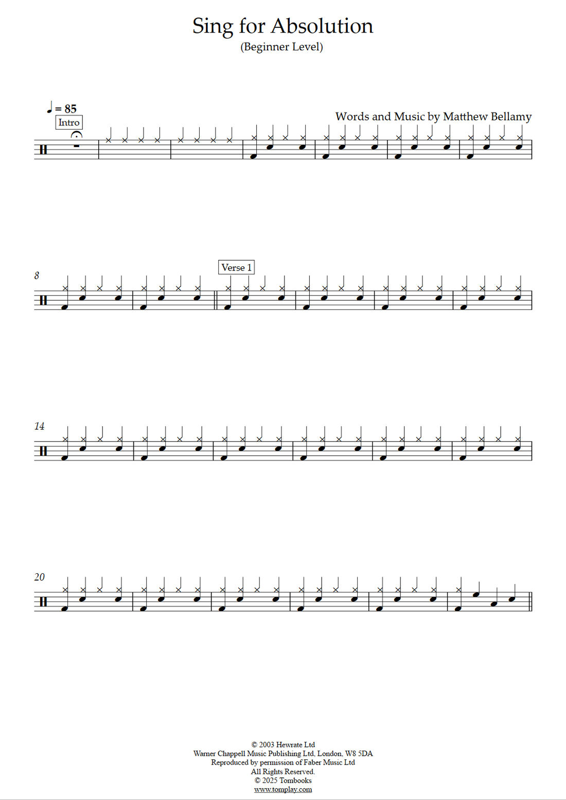 Sing for Absolution - Muse - Drum Sheet Music - TomPlay.com (Beginner) – DrumSetSheetMusic