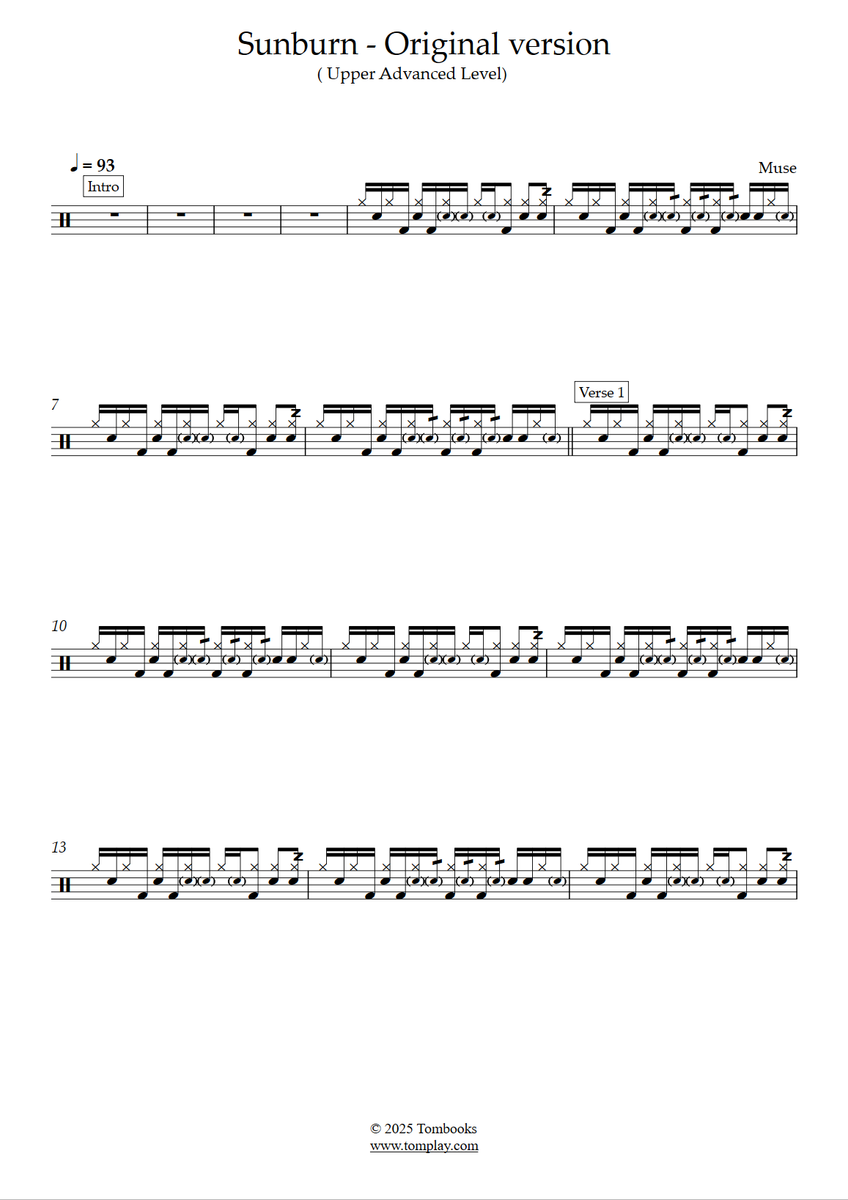Sunburn - Muse - Drum Sheet Music - TomPlay.com (Upper advanced ...