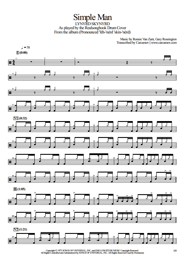 Simple Man - Lynyrd Skynyrd - Drum Sheet Music - Realsongbook ...
