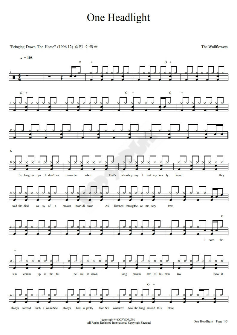 One Headlight - The Wallflowers - Drum Sheet Music - COPYDRUM ...