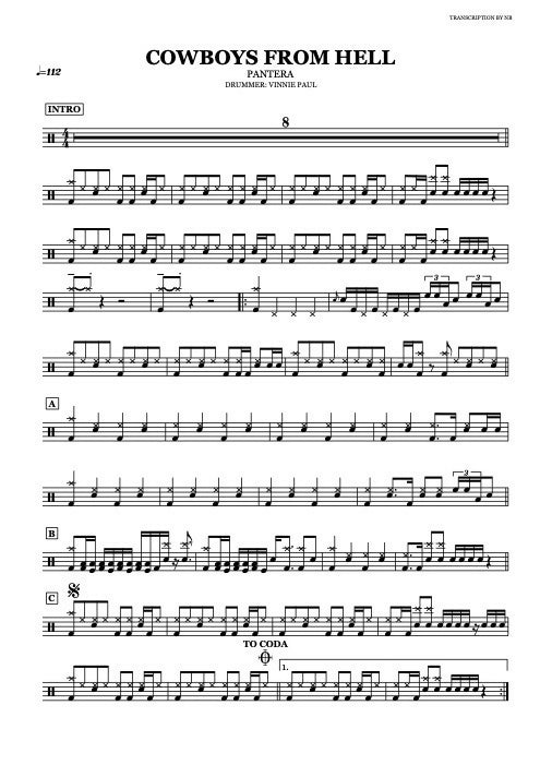 Cowboys From Hell - Pantera - Full Drum Transcription / Drum Sheet Mus ...