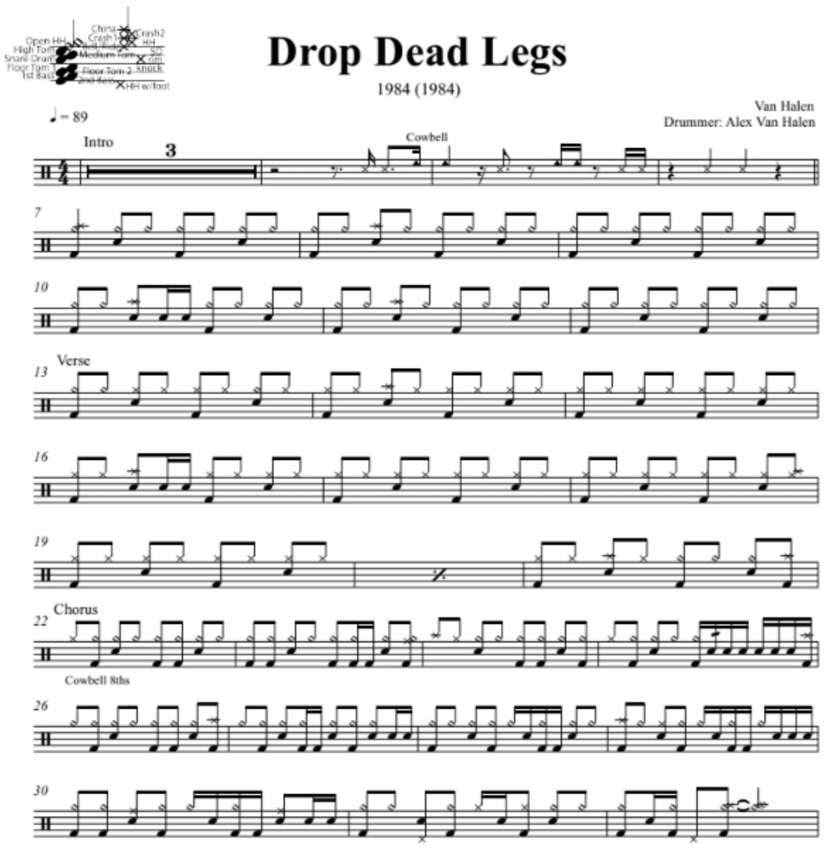 Drop Dead Legs - Van Halen - Drum Sheet Music - DrumSetSheetMusic.com