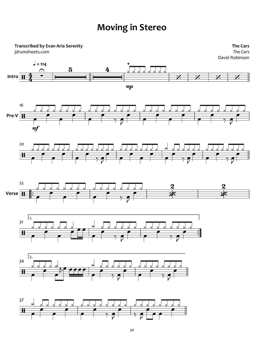 Moving in Stereo - The Cars - Full Drum Transcription / Drum Sheet Mus ...