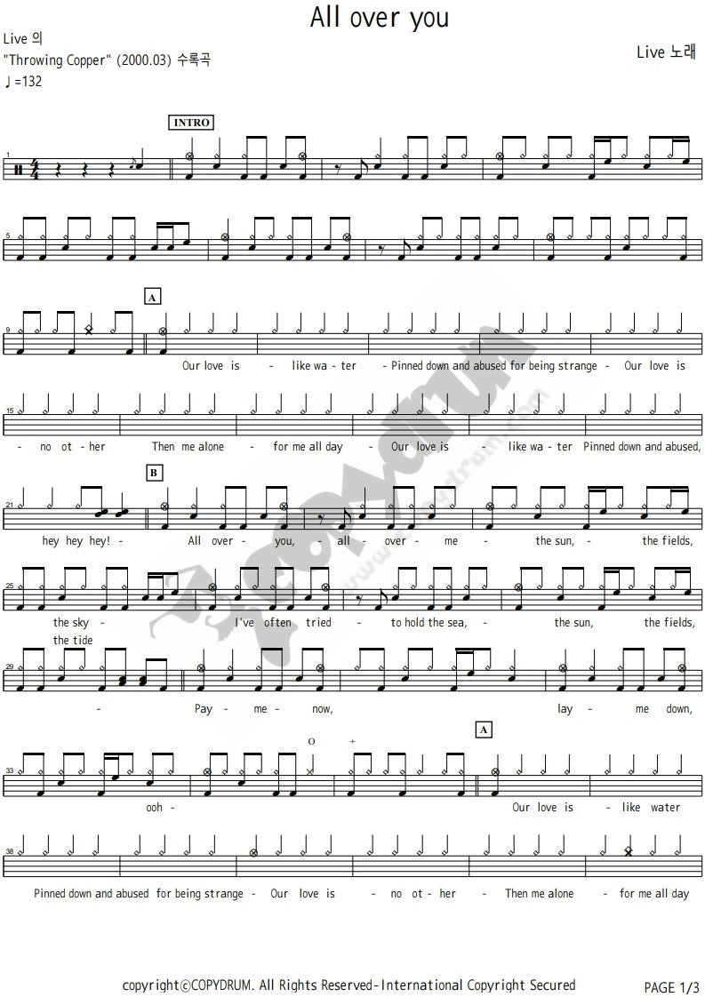 All Over You - Live - Drum Sheet Music - COPYDRUM – DrumSetSheetMusic