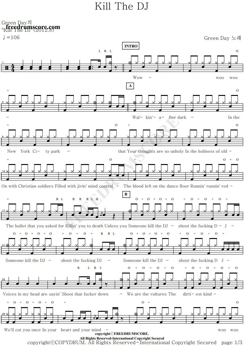 Kill the DJ - Green Day - Drum Sheet Music - COPYDRUM – DrumSetSheetMusic