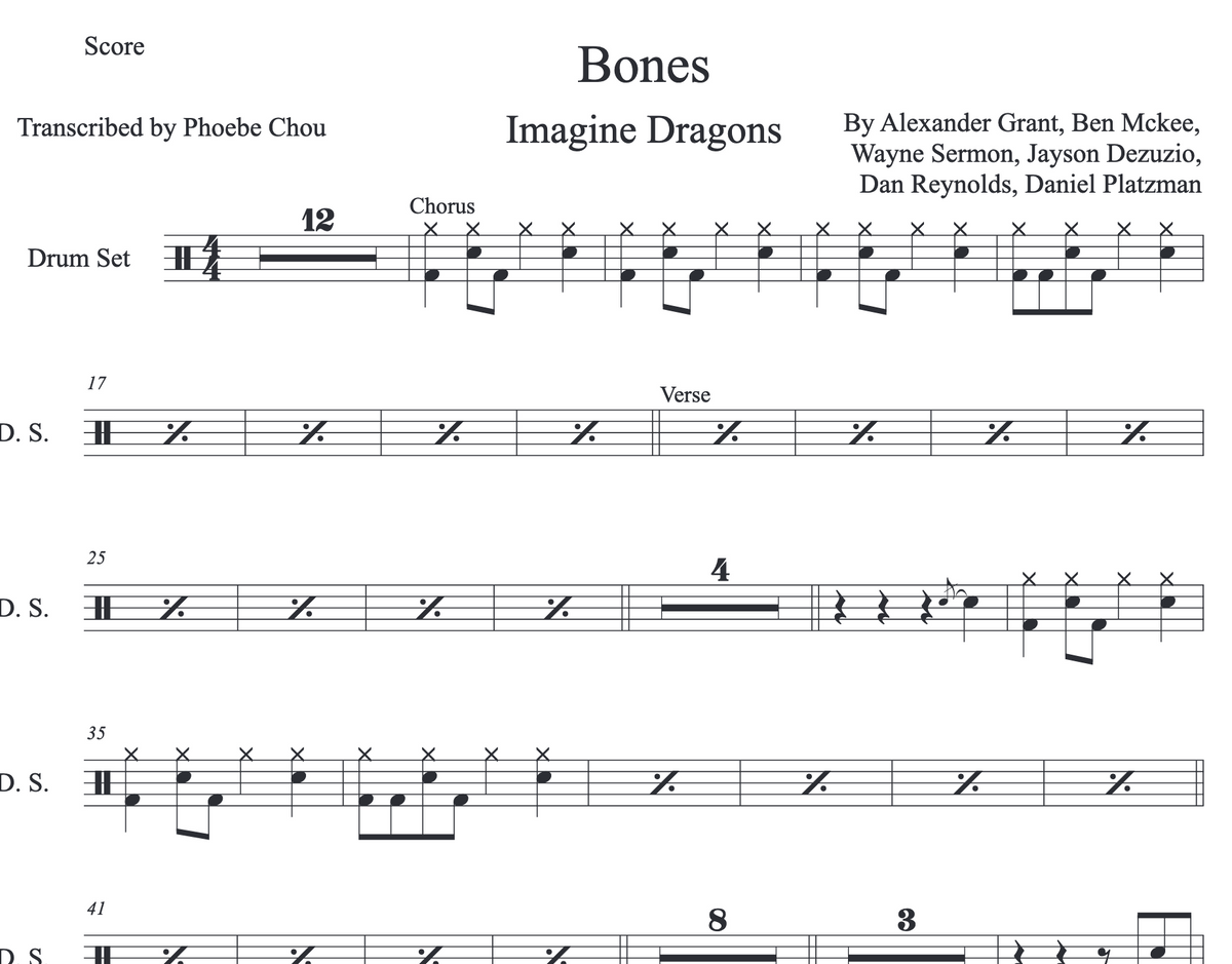 Bones - Imagine Dragons - Drum Sheet Music - Phoebe C – DrumSetSheetMusic