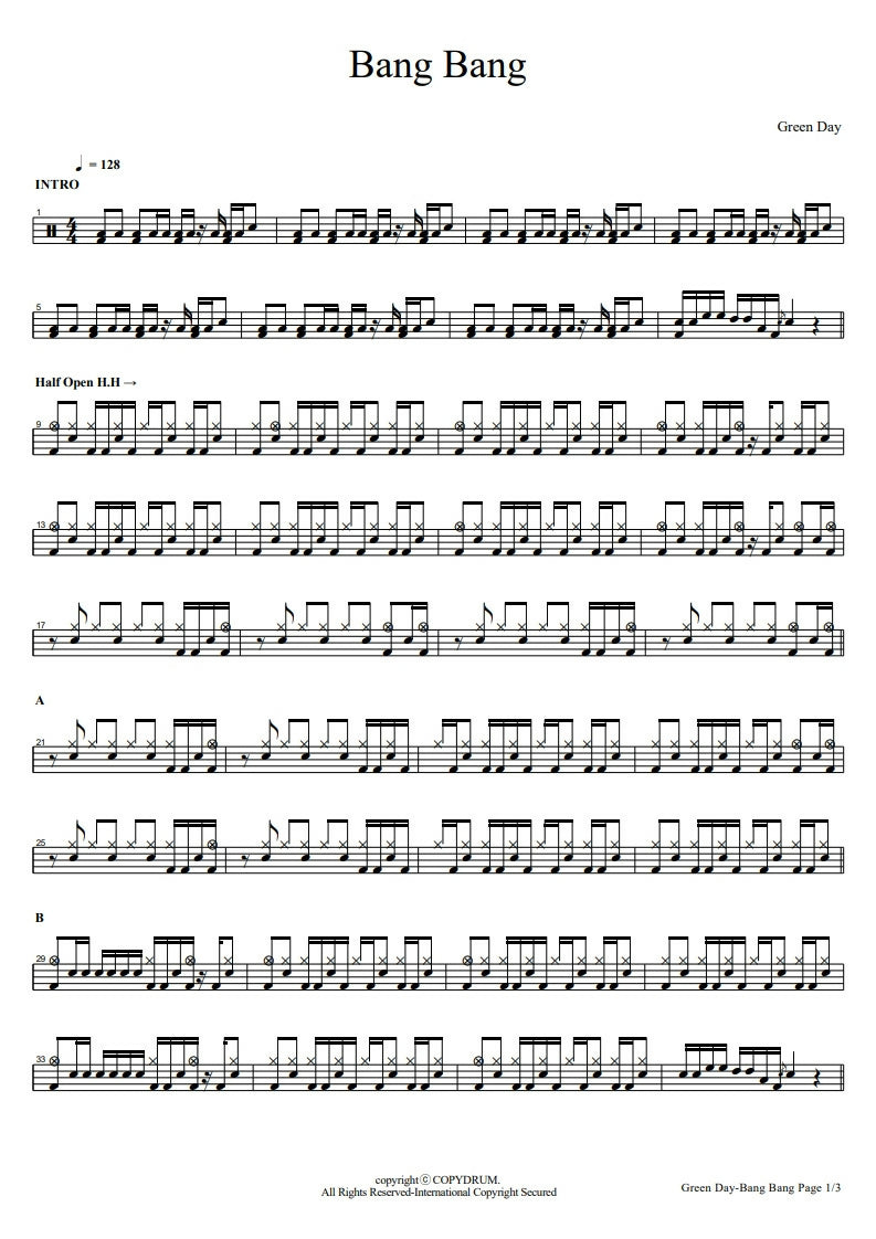 Bang Bang - Green Day - Drum Sheet Music - COPYDRUM – DrumSetSheetMusic