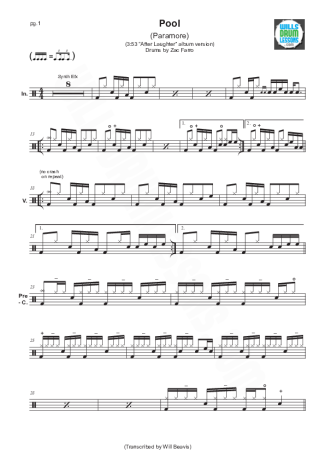 Pool - Paramore - Drum Sheet Music - AriaMus.com – DrumSetSheetMusic