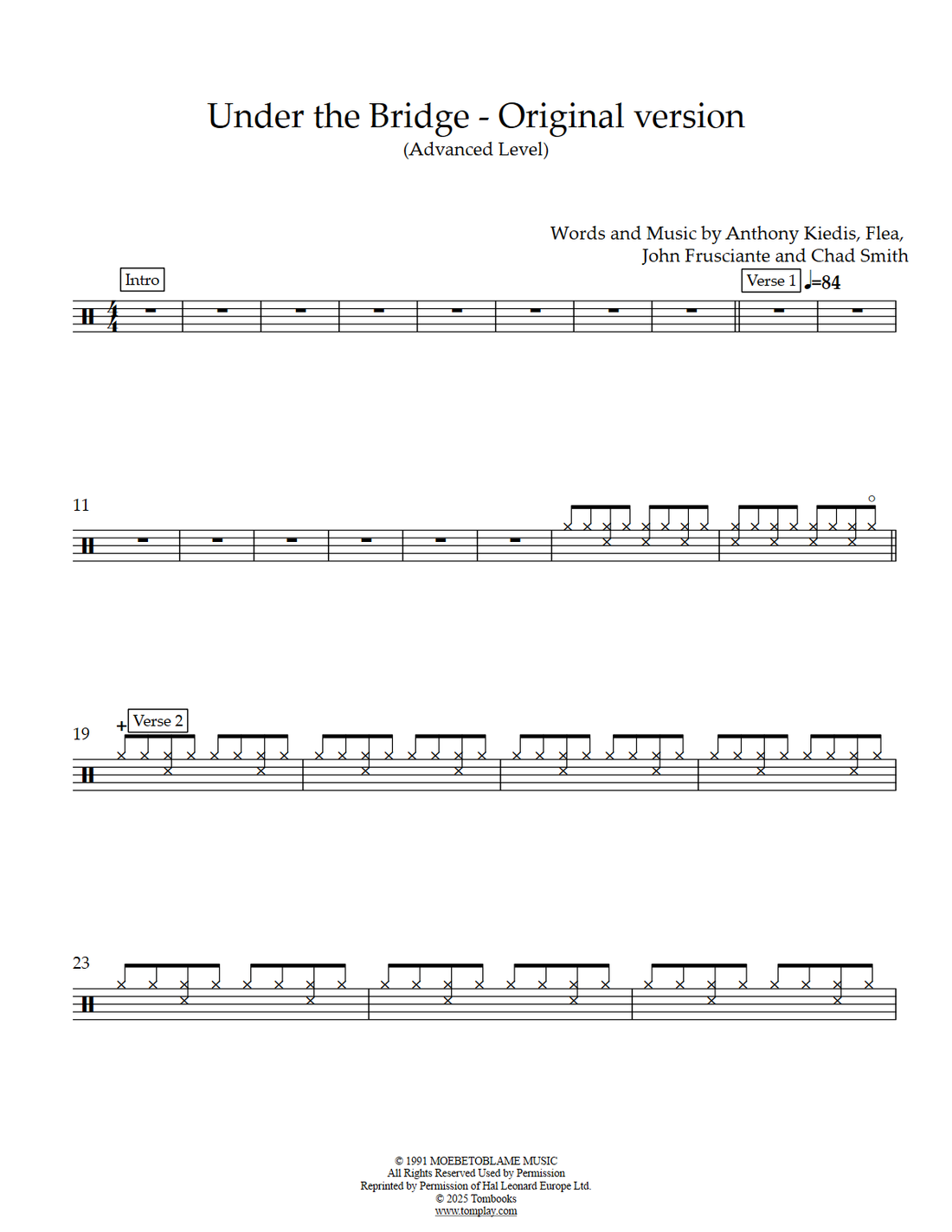 Under the Bridge - Red Hot Chili Peppers - Drum Sheet Music - TomPlay ...