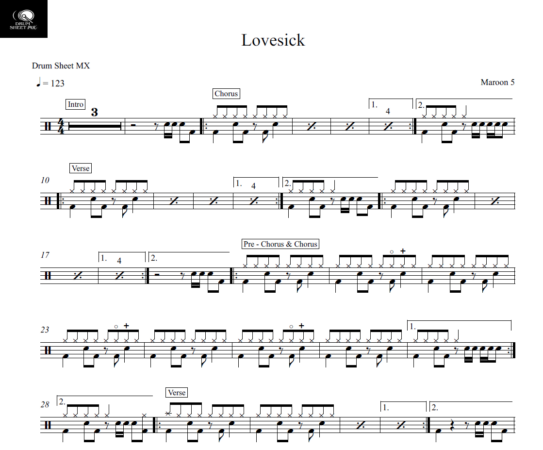 Lovesick - Maroon 5 - Drum Sheet Music - Drum Sheet MX – DrumSetSheetMusic