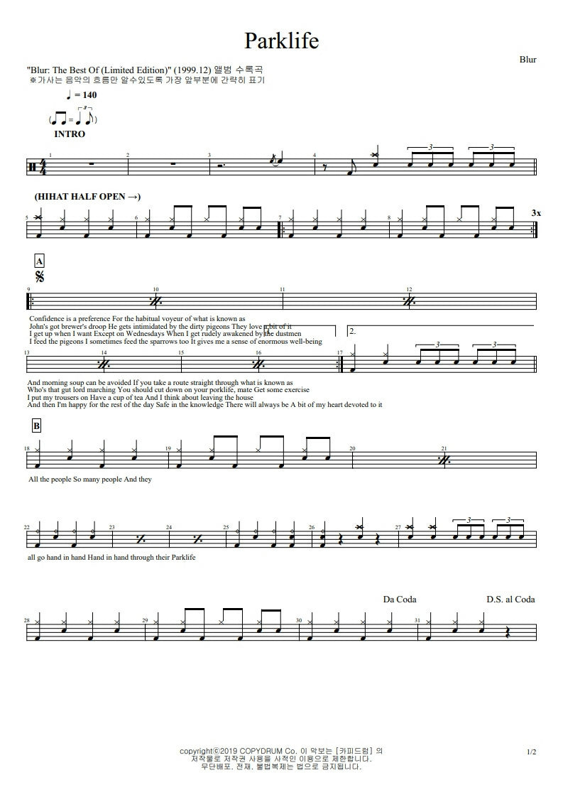 Parklife - Blur - Drum Sheet Music - COPYDRUM – DrumSetSheetMusic