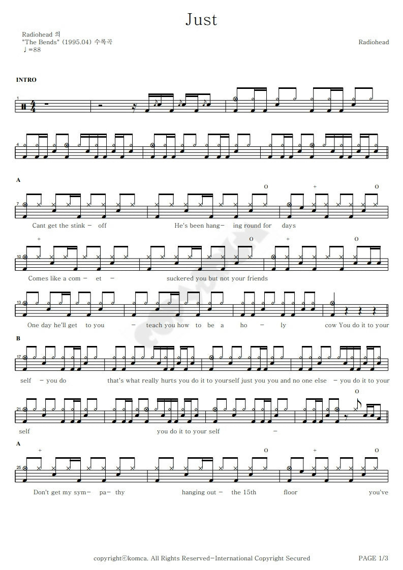Just - Radiohead - Drum Sheet Music - COPYDRUM – DrumSetSheetMusic