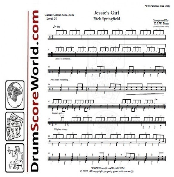 Jessie's Girl - Rick Springfield - Drum Sheet Music - DrumScoreWorld ...
