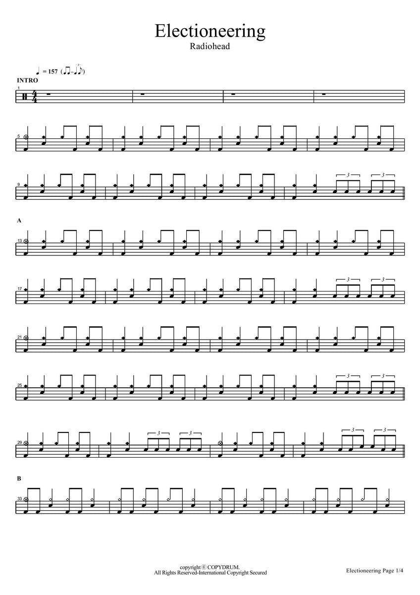 Electioneering - Radiohead - Full Drum Transcription / Drum Sheet Musi ...