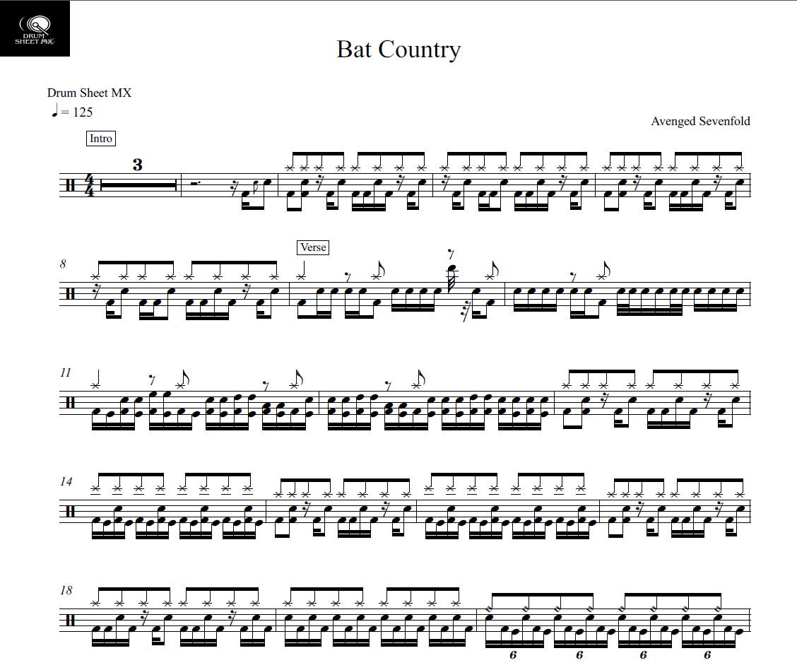Bat Country - Avenged Sevenfold - Drum Sheet Music - Drum Sheet MX ...