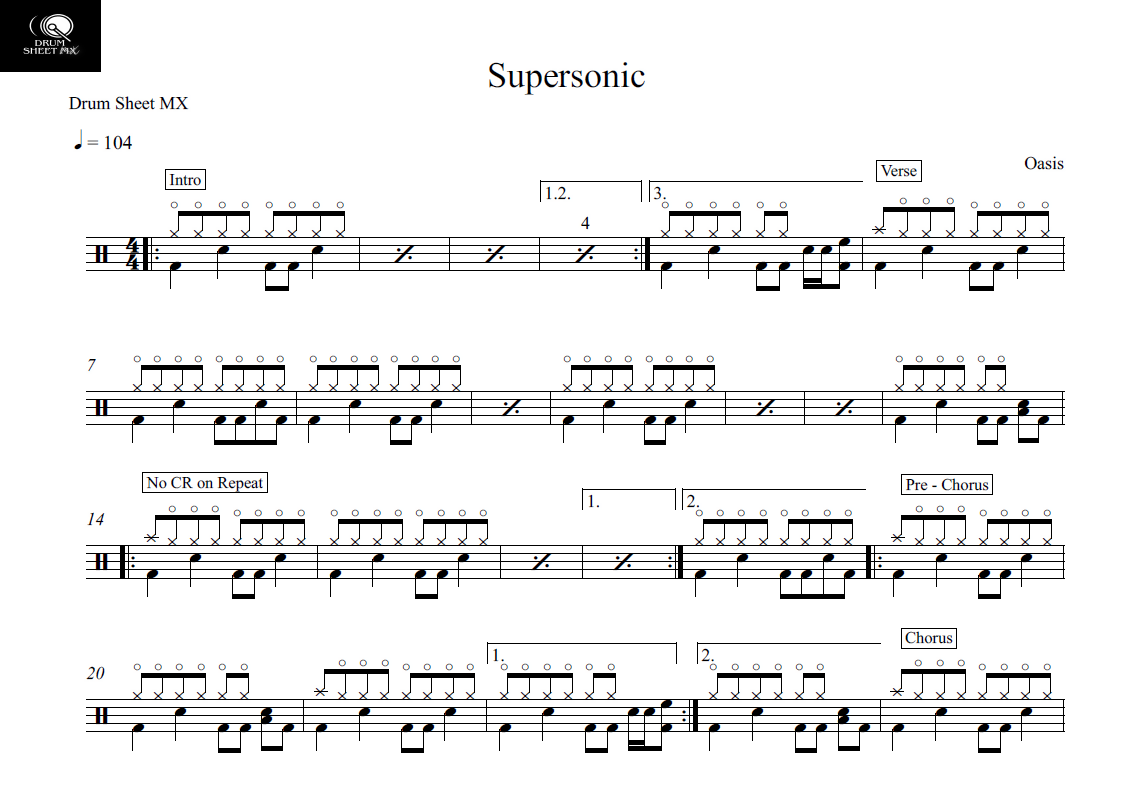 Supersonic - Oasis - Drum Sheet Music - Drum Sheet MX – DrumSetSheetMusic