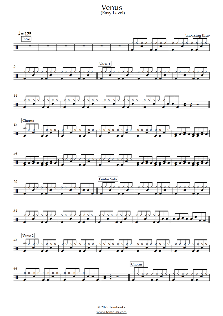 Venus - Shocking Blue - Drum Sheet Music - TomPlay.com (Easy ...