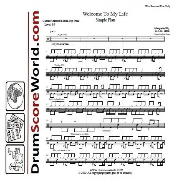 Welcome to My Life - Simple Plan - Drum Sheet Music - DrumScoreWorld ...