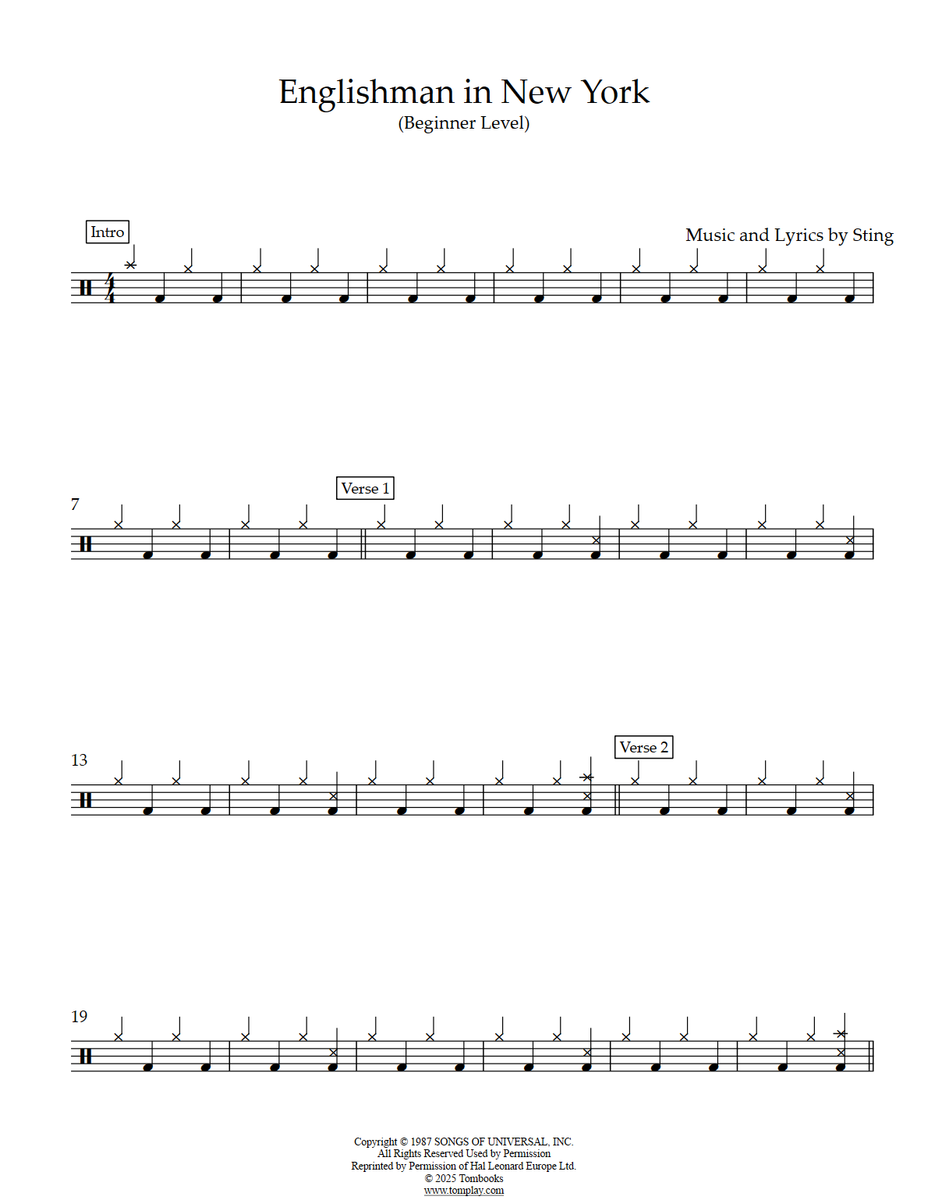 Englishman in New York - Sting - Drum Sheet Music - TomPlay.com ...