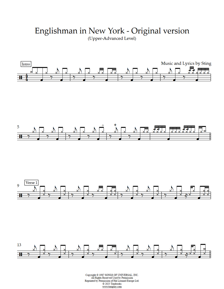 Englishman in New York - Sting - Drum Sheet Music - TomPlay.com (Upper ...