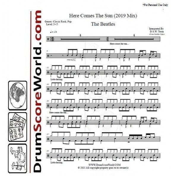 Here Comes the Sun - The Beatles - Drum Sheet Music - DrumScoreWorld ...