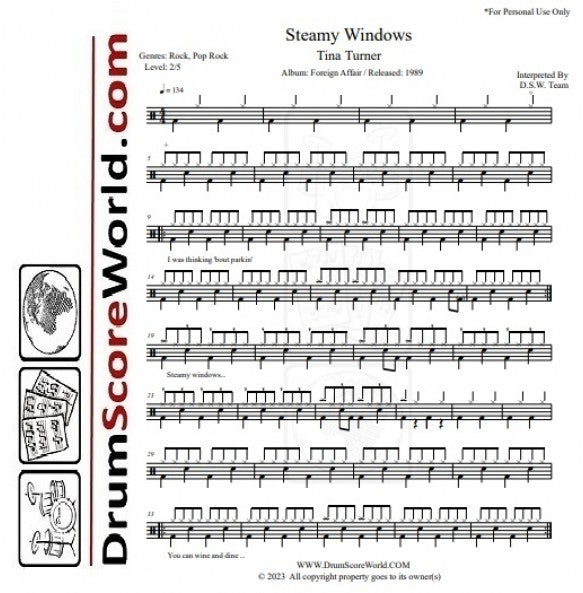 Steamy Windows - Tina Turner - Drum Sheet Music - DrumScoreWorld.com ...