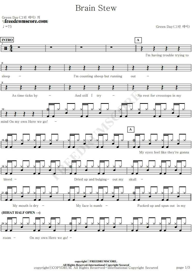 Brain Stew - Green Day - Drum Sheet Music - COPYDRUM – DrumSetSheetMusic