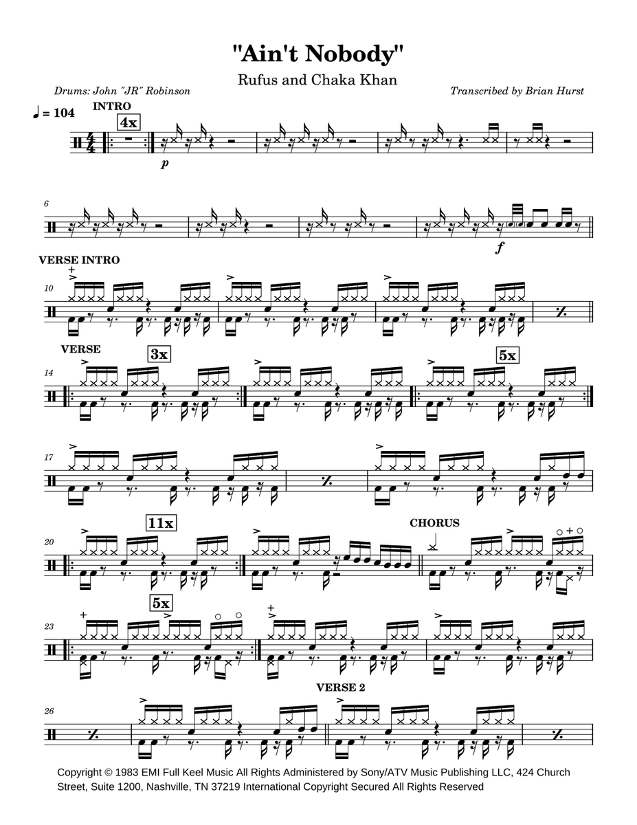 Ain't Nobody - Rufus and Chaka Khan - Drum Sheet Music ...