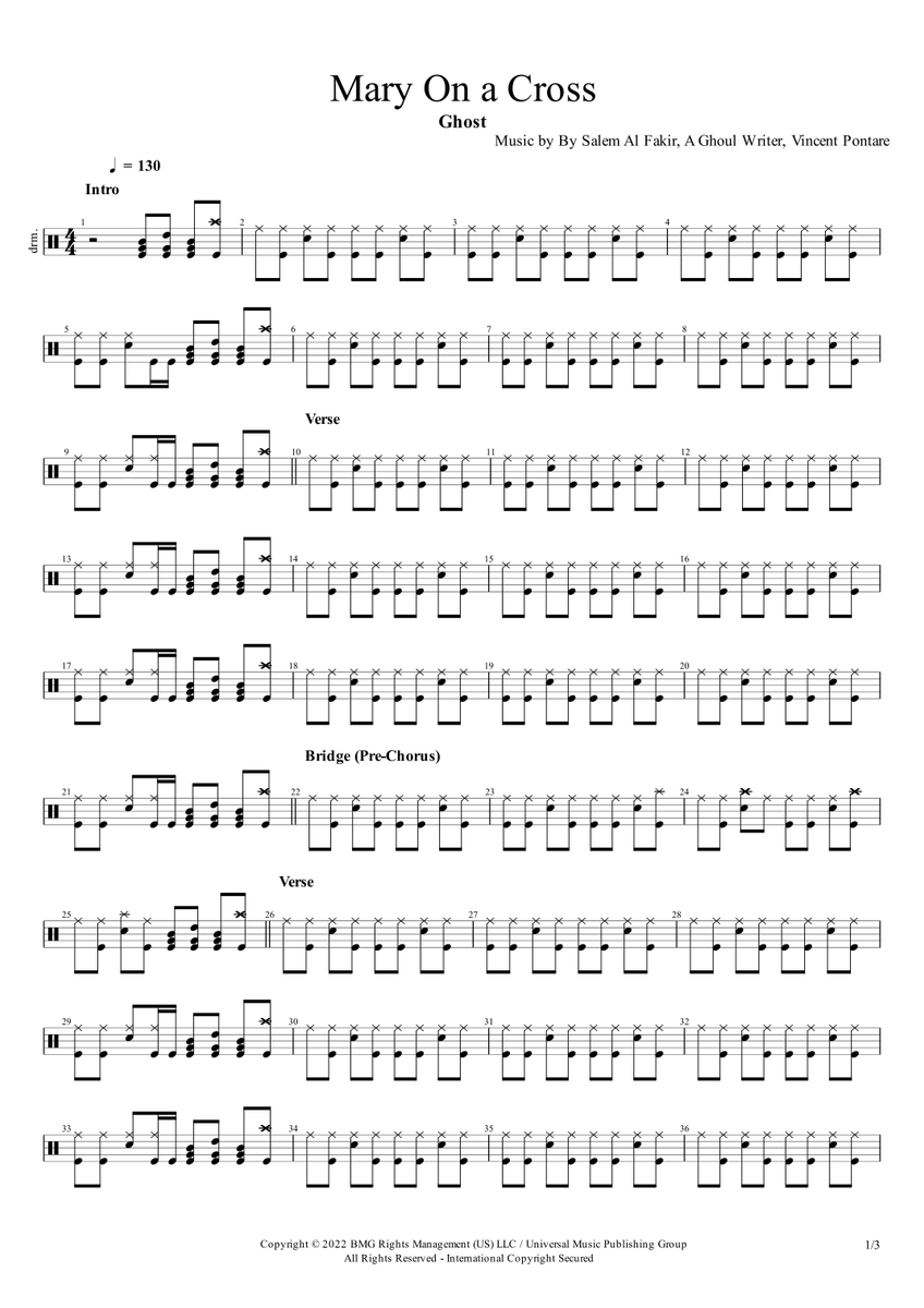 Mary on a Cross - Ghost - Drum Sheet Music - SheetMusicDirect.com ...